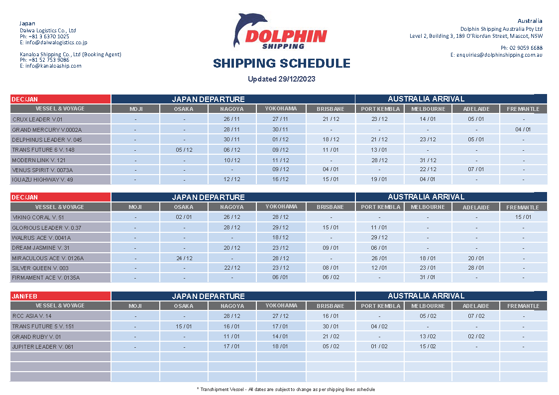 Japan shipping schedule | Dolphin Shipping Australia PTY LTD